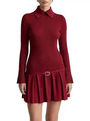 Avec Les Filles Belted Drop Waist Pleated Sweater Dress - Red