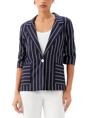 Karen Kane Striped Ruched Sleeve Blazer - Navy