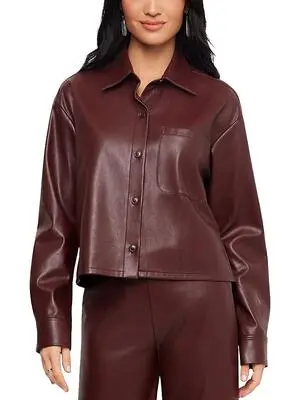 Karen Kane Faux Leather Long Sleeve Button Up Shirt - Wine