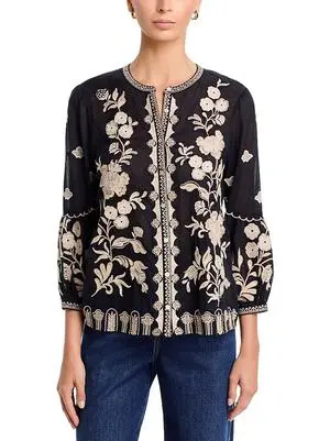 Johnny Was Embroidered Cotton Blouse - Black
