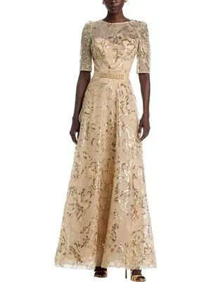 Rickie Freeman For Teri Jon Sequined Embroidered Tulle Gown - Gold
