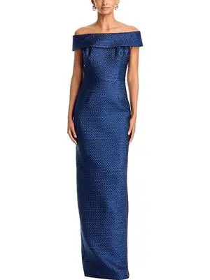 Rickie Freeman For Teri Jon Off-the-shoulder Basket Weave Jacquard Gown - Sapphire