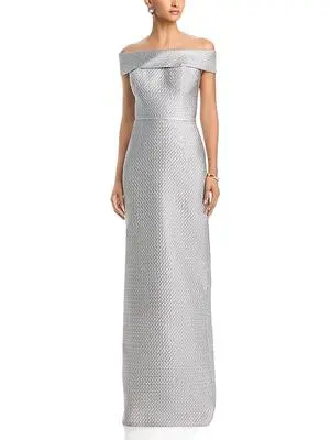 Rickie Freeman For Teri Jon Teri Jon By Rickie Freeman Off-the-Shoulder Basket Weave Jacquard Gown Silver