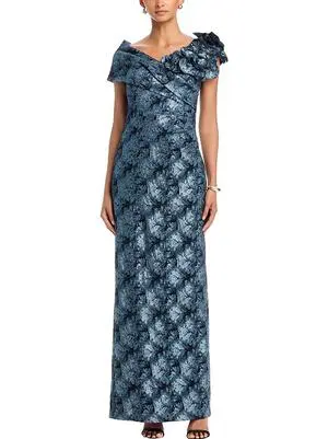 Rickie Freeman For Teri Jon Metallic Jacquard Off-the-shoulder Gown With Floral Embellishment - Slate Multi