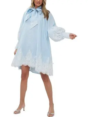 MARIELLE STOKKELAAR Brigitte Lace Applique Linen Dress - Light Blue/white