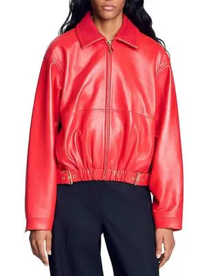 Sandro Zip Front Leather Jacket - Red