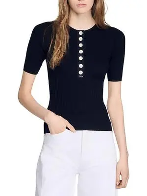 Sandro Calypsea Ribbed Round Neck Button-up Sweater - Black