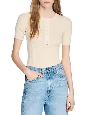 Sandro Calypsea Ribbed Round Neck Button-up Sweater - Ecru