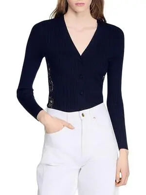 Sandro Ribbed Lace Panel Cardigan - Black