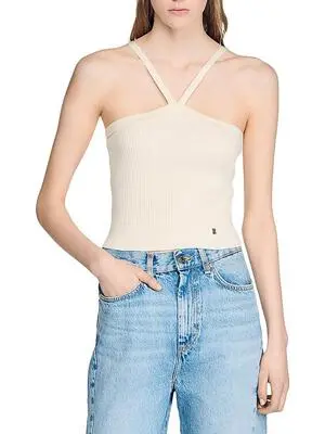 Sandro Arenadia Short Rib Knit Top - Ecru
