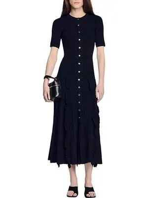 Sandro Pietrarose Ruffled Knit Maxi Dress - Black