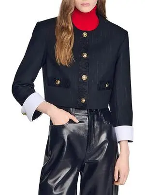 Sandro Cropped Jacket With Pinstripes And Gold Button Details - Black