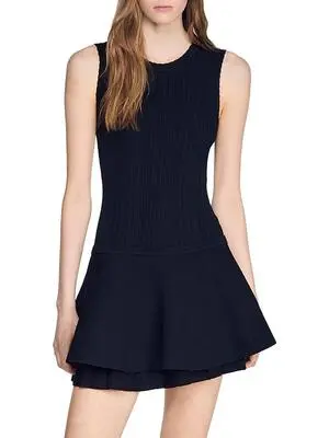 Sandro Tamara Knit Mini Dress With Ruffled Skirt - Black