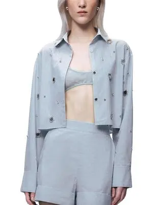NOCTURNE Embellished Stone Detail Cropped Shirt - Turquoise