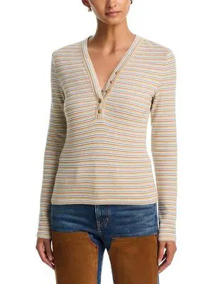 Veronica Beard Striped Henley Top - Rust Multi