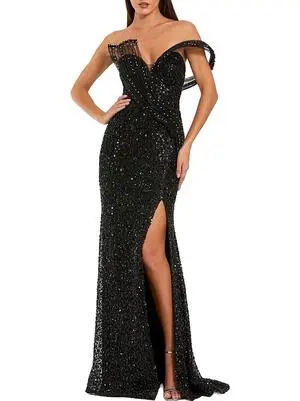 Mac Duggal Petite Sequin Gown With Sculptural Off-shoulder Detail - Black