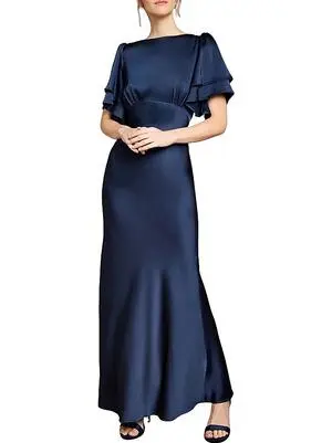 Coast High Neck Crepe Maxi Dress With Draped Sleeves And Open Back - Navy