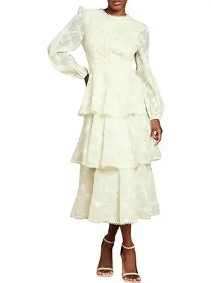 Coast Long Sleeve Lace Tiered Midi Dress - Sage