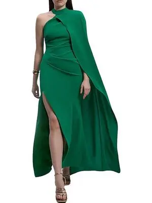 Karen Millen One Shoulder Cape Sleeve Maxi Dress - Green