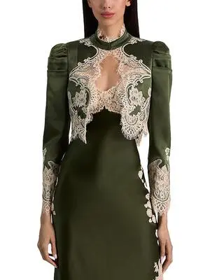 Alice + Olivia Thomasina Puff Sleeve Lace Trim Cropped Jacket - Dark Fern