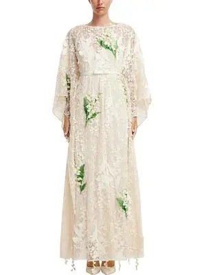 LEO LIN Embellished Lace Kaftan Maxi Dress - Snow