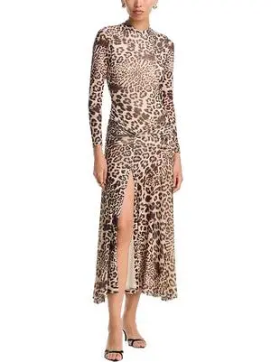 Bardot Lea Mesh Midi Dress With Tiger Print And Ruching - Leopard