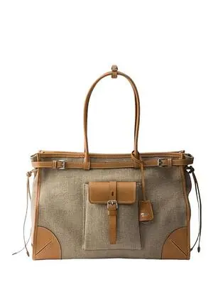 Prada Bonnie Linen And Leather Tote Bag - Neutral