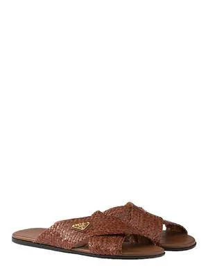 Prada Woven Leather Crisscross Slides - Brown
