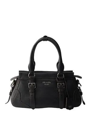 Prada Large Leather Tote Bag With Deerskin Shoulder Strap - Black