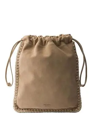 Prada Suede Drawstring Pouch With Crochet Detail - Neutral