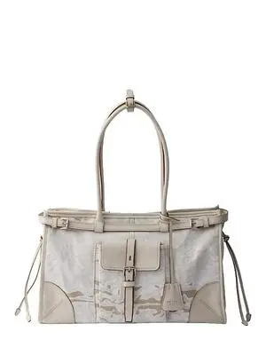 Prada Large Printed Linen And Leather Handbag - White