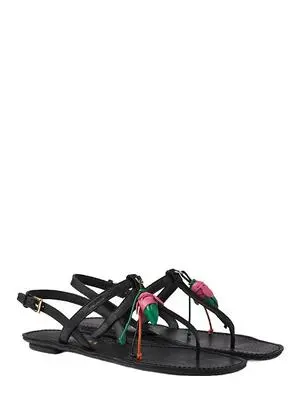 Prada Antiqued Leather Thong Sandals With Floral Ornament - Black