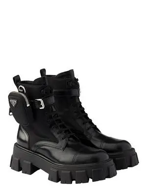 Prada Monolith Leather And Re-nylon Boots With Pouch - Black