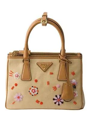 Prada Small Galleria Canvas And Leather Embroidered Bag - Neutral