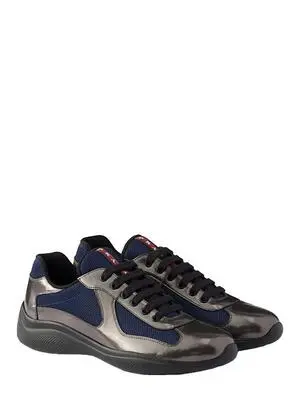 Prada Prada America's Cup Metallic Leather And Bike Fabric Lace Up Sneakers Anthracite/ink