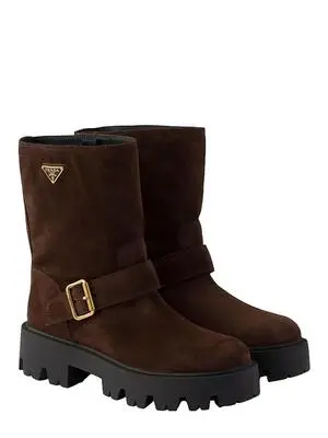 Prada Suede Buckled Boots - Brown