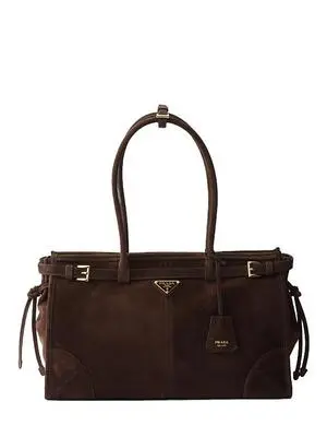 Prada Bonnie Large Suede Handbag - Brown