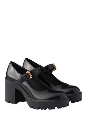 Prada Brushed Leather Mary Jane Pumps With Buckle Detail - Black