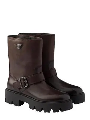 Prada Leather Buckled Boots - Brown