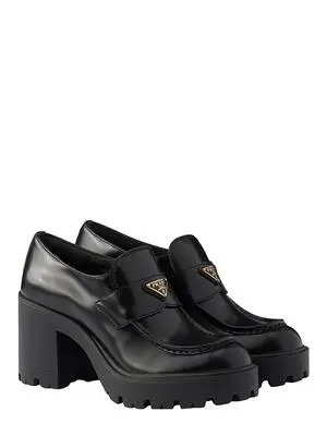Prada Brushed Leather Loafers With Chunky Heel - Black