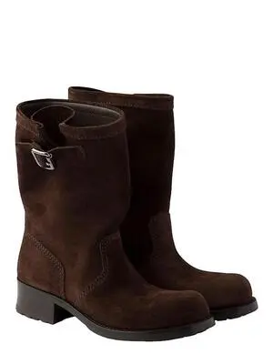 Prada Suede Buckled Mid-calf Boots - Brown