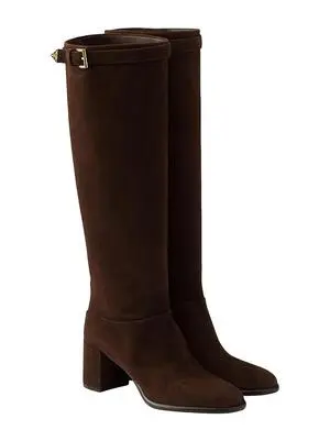 Prada Suede Knee-high Boots With Buckle Detail - Brown