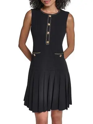 Karl Lagerfeld Paris Pleated Drop Waist Dress With Button Detail - Black