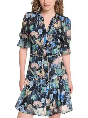 Karl Lagerfeld Paris Metallic Crinkle Button Down Dress - Black Multi