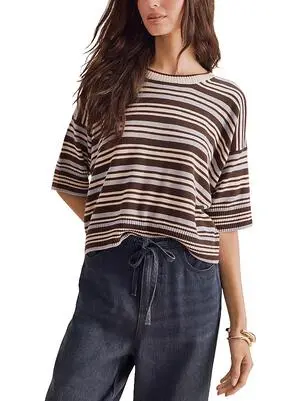 Splendid Striped Short Sleeve Sweater - Blue Mist/java