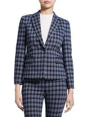 Theory Check Print Single Button Blazer - Navy Multi