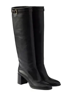 Prada Leather Knee-high Boots With Logo Buckle - Black