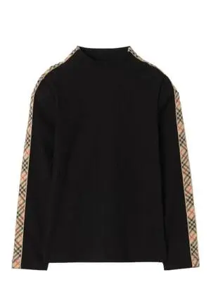 Burberry Check Trim Rib-knit Cotton Turtleneck Top - Black