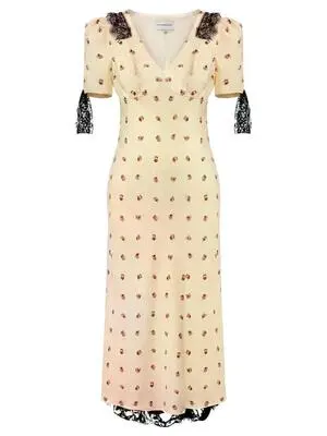 POST MERIDIEM Lace-trim Floral-print Midi Dress - Neutrals