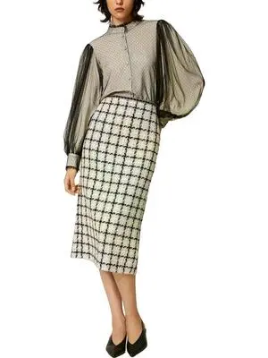 TWINSET Midi Bouclé Skirt With Check Pattern - Neutrals